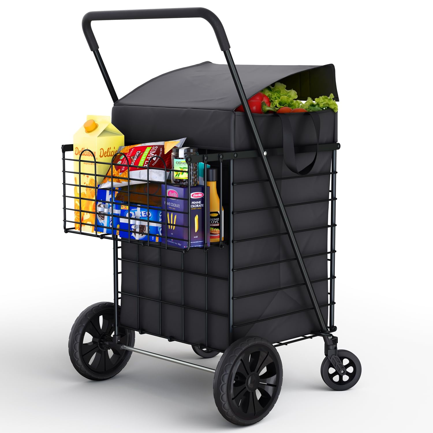Extra Large Shopping Cart with Waterproof Basket, 360° Swivel Wheels ...