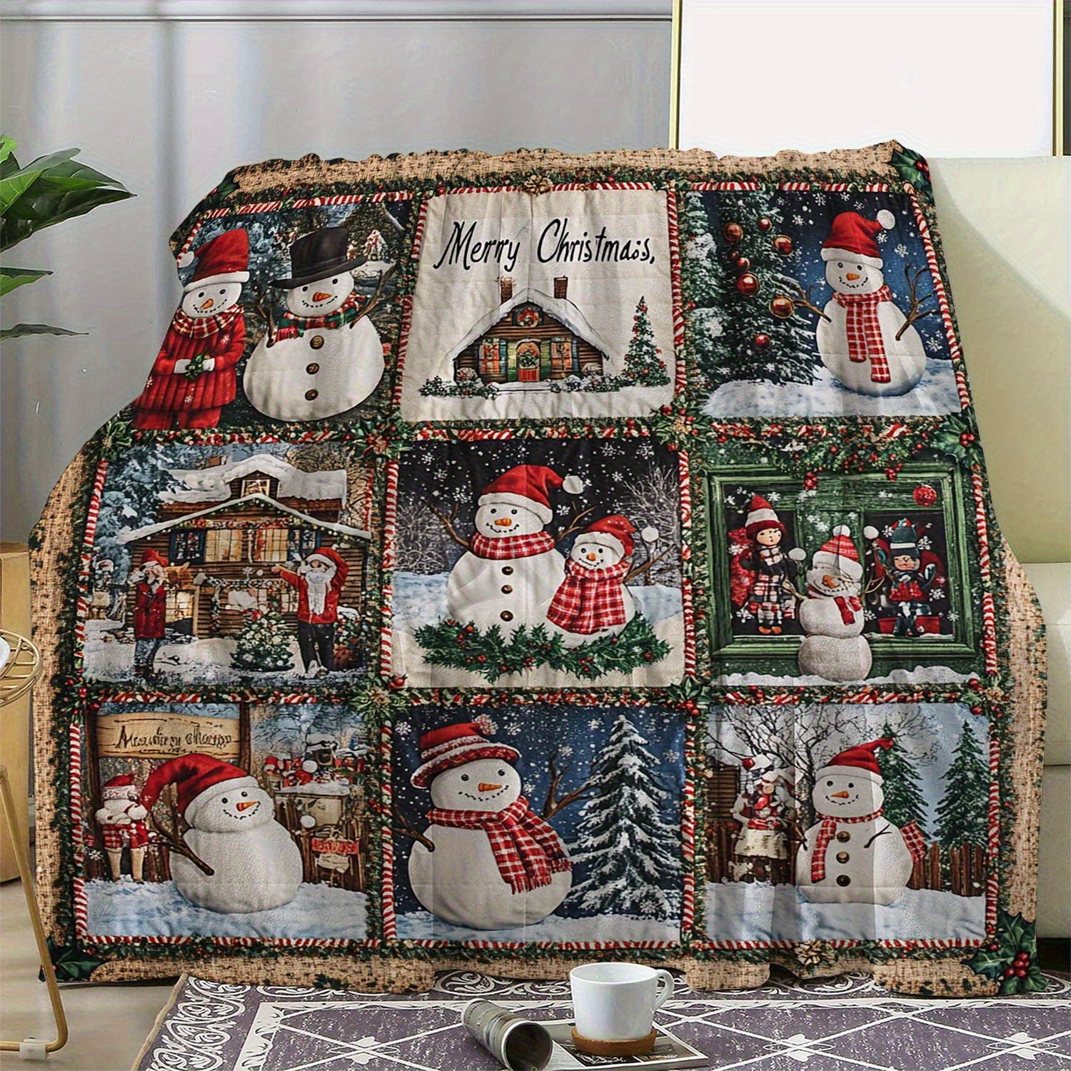 Extra Large Snowman Cabin Christmas Blanket Winter Scenes with Snowmen ...