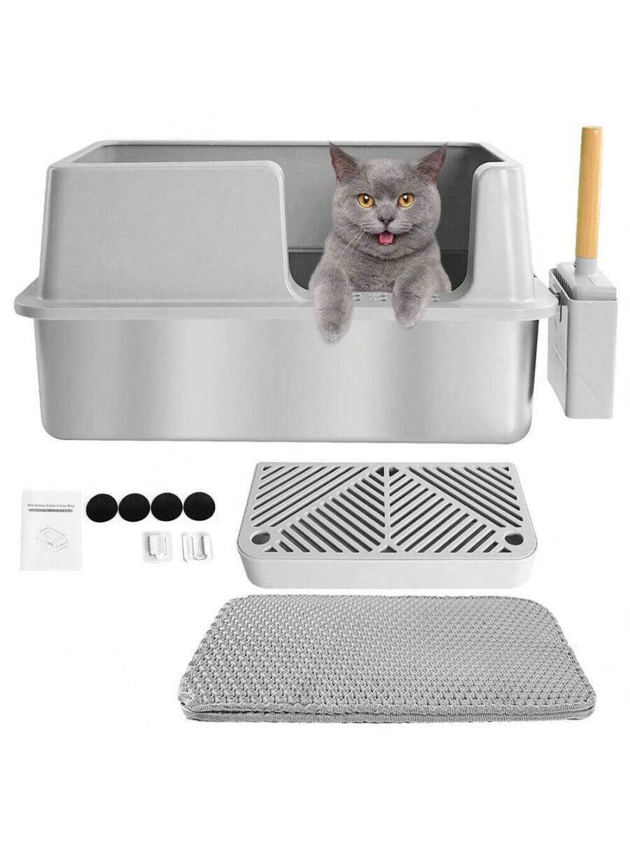 Extra Large Stainless Steel Cat Litter Box With Scoop & High Wall With ...
