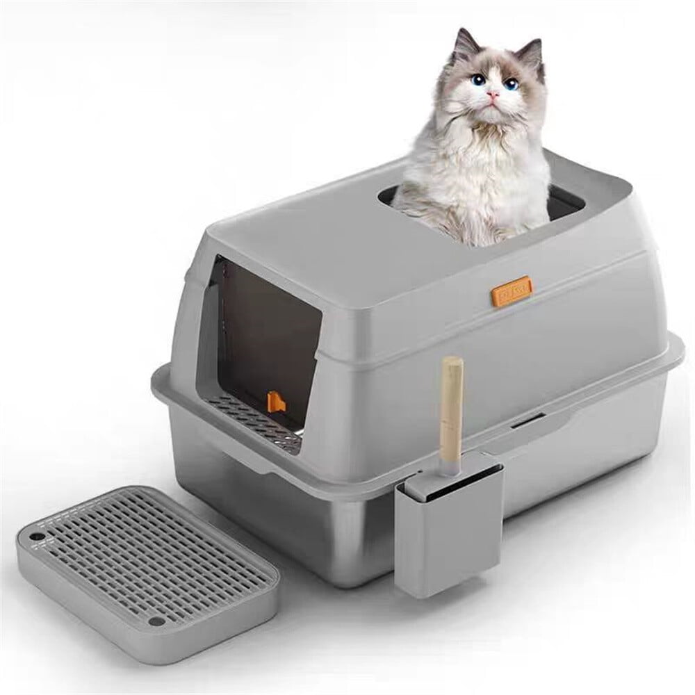 Extra Large Stainless Steel Enclosed Cat Litter Box with Lid, Scoop ...