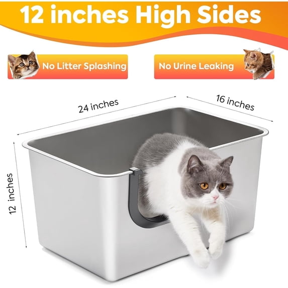 Extra Large Stainless Steel Litter Box, Leak Proof 12 Inches High Sides ...