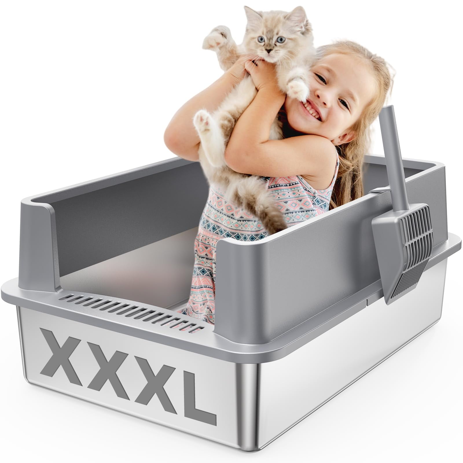 Extra Large Stainless Steel Litter Box with Lid, XXL Metal Litter Box for Big Cats & Kitty, 28”L ...