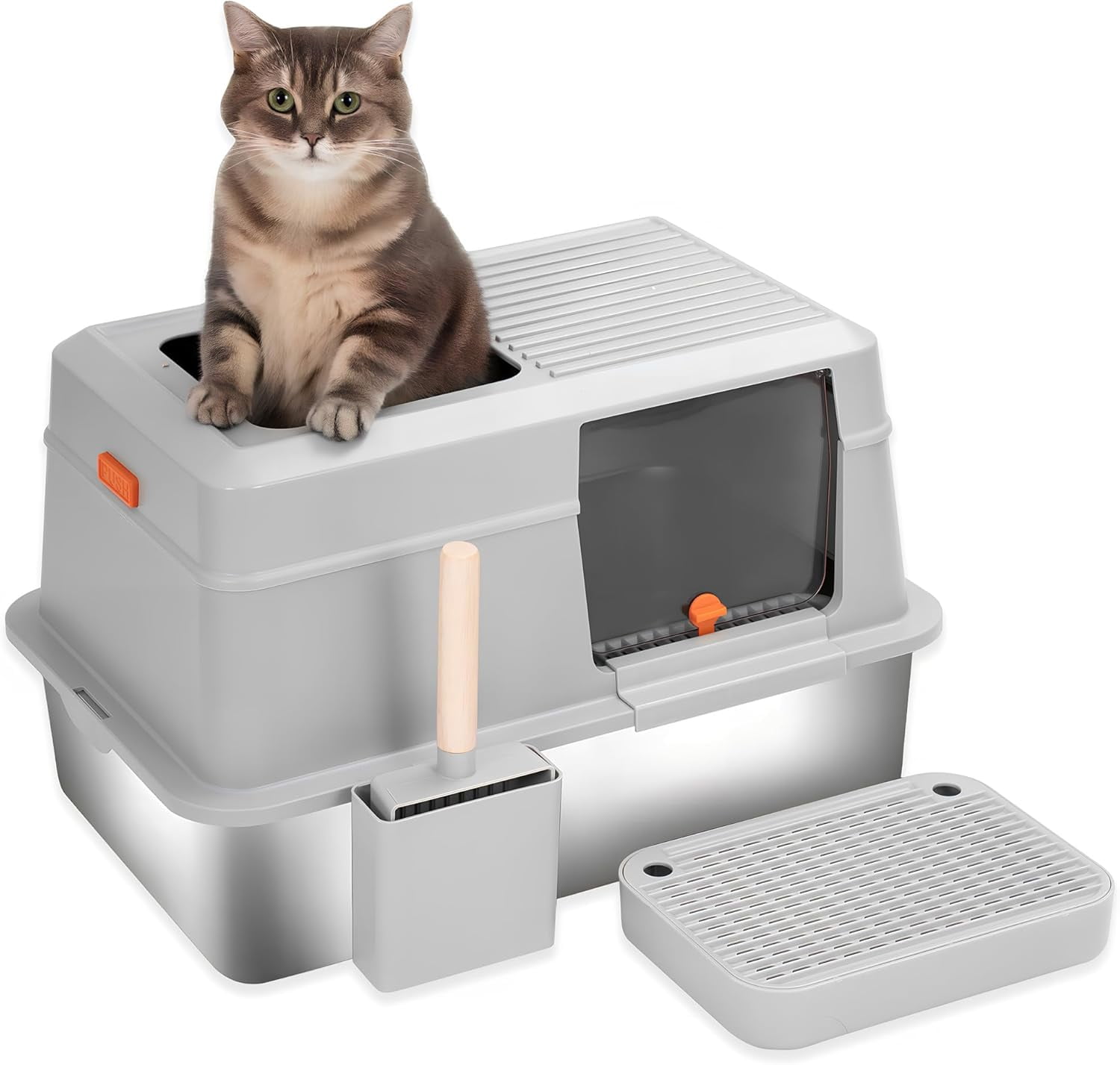 Extra Large Stainless Steel Litter Box with Lid, High Sided Enclosed ...