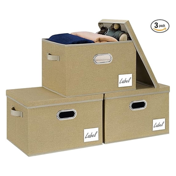 Extra Large Storage Bins with Lids [3-Pack], Linen Fabric Foldable ...