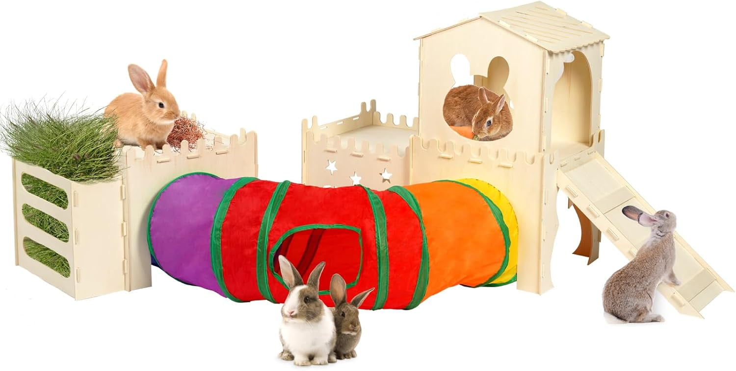 Extra Large Sturdy Rabbit Hideout with 3 Way Tunnels, Wooden Bunny ...