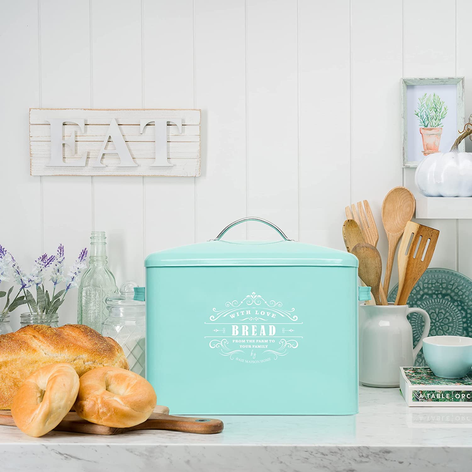 Extra Large Teal Farmhouse Bread Box for Kitchen Countertop - Breadbox ...