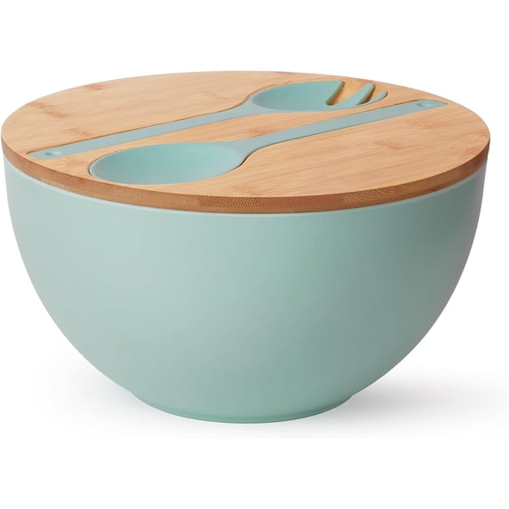 Extra Large Turquoise Bamboo Fiber Salad Bowl with Wooden Lid and ...