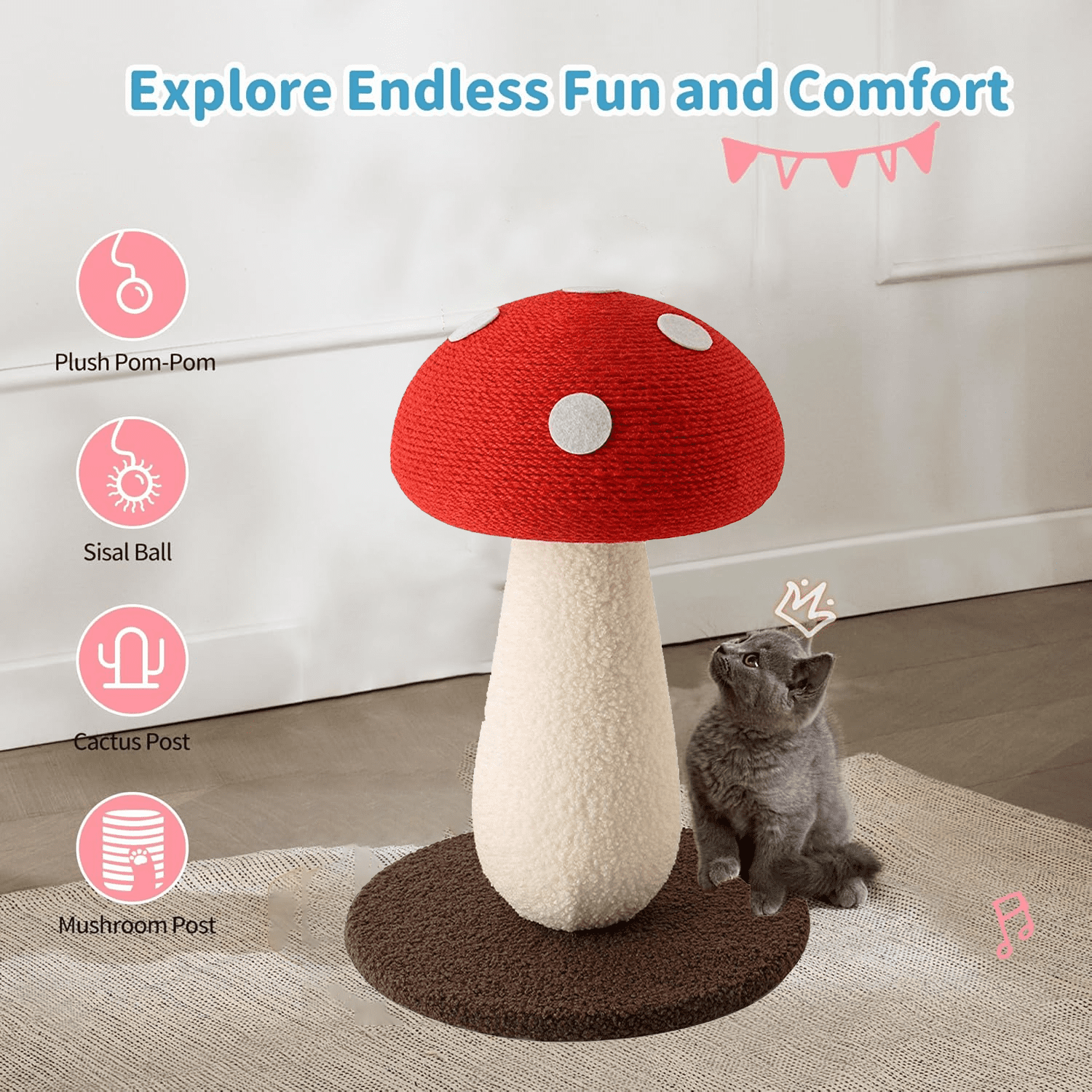 Extra Large Vertical Sisal Mushroom Shaped Cat Scratcher, Cat ...