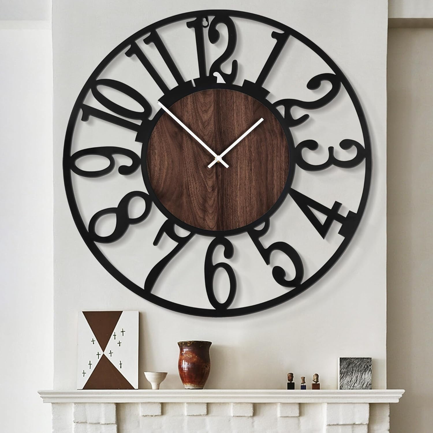 Extra Large Wall Clocks,Silent Little Ticking,Battery Operated Vintage Round Modern Wood Wall ...