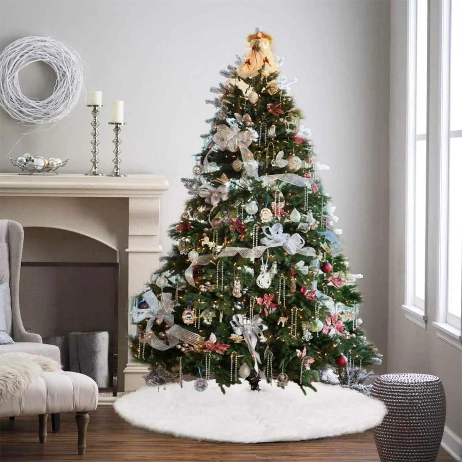 Extra Large White Fluffy Faux Fur Christmas Tree Skirt 60 Inches Plush ...