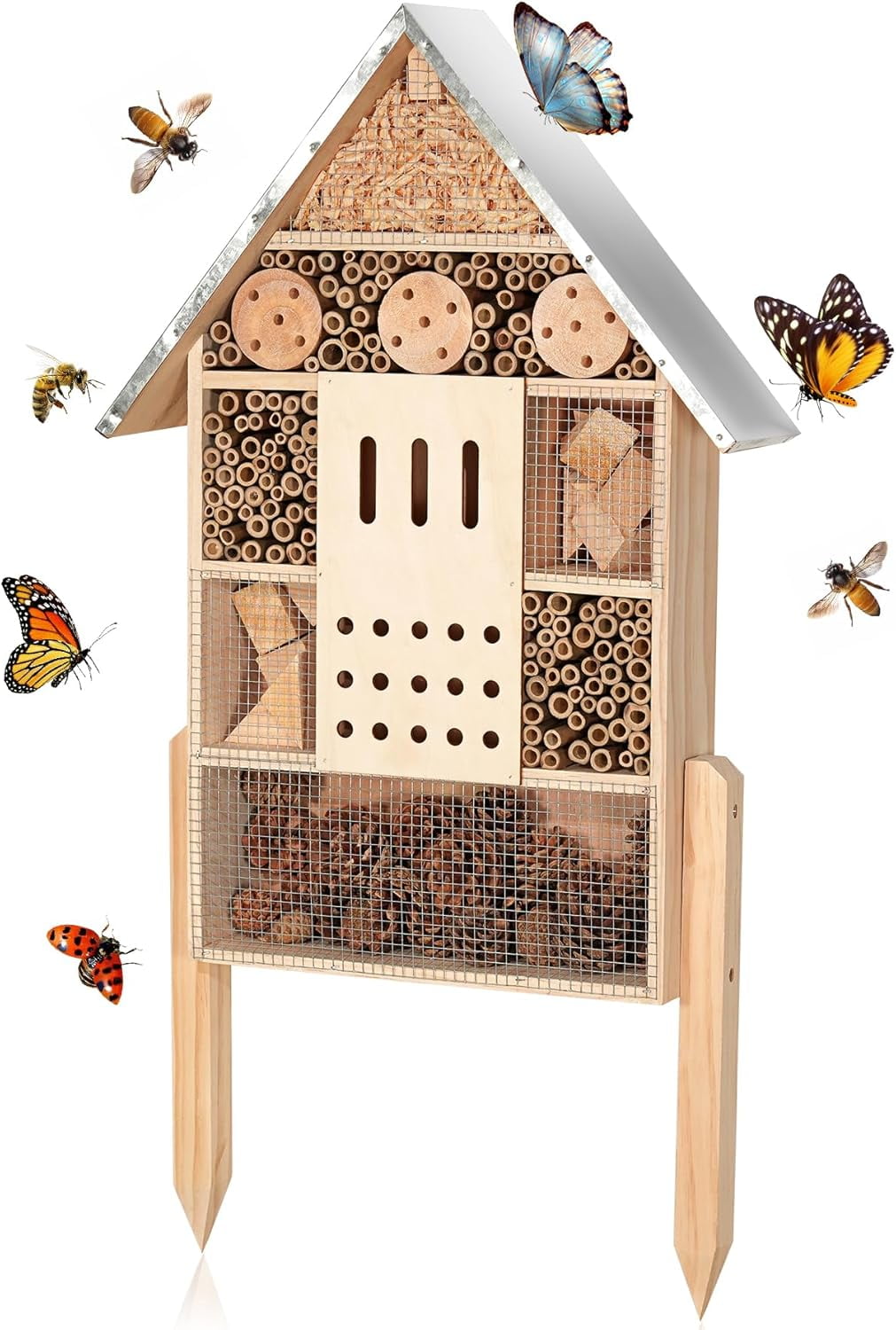 Extra Large Wooden Insect House with Stakes,Wood Mason Bee Butterfly ...