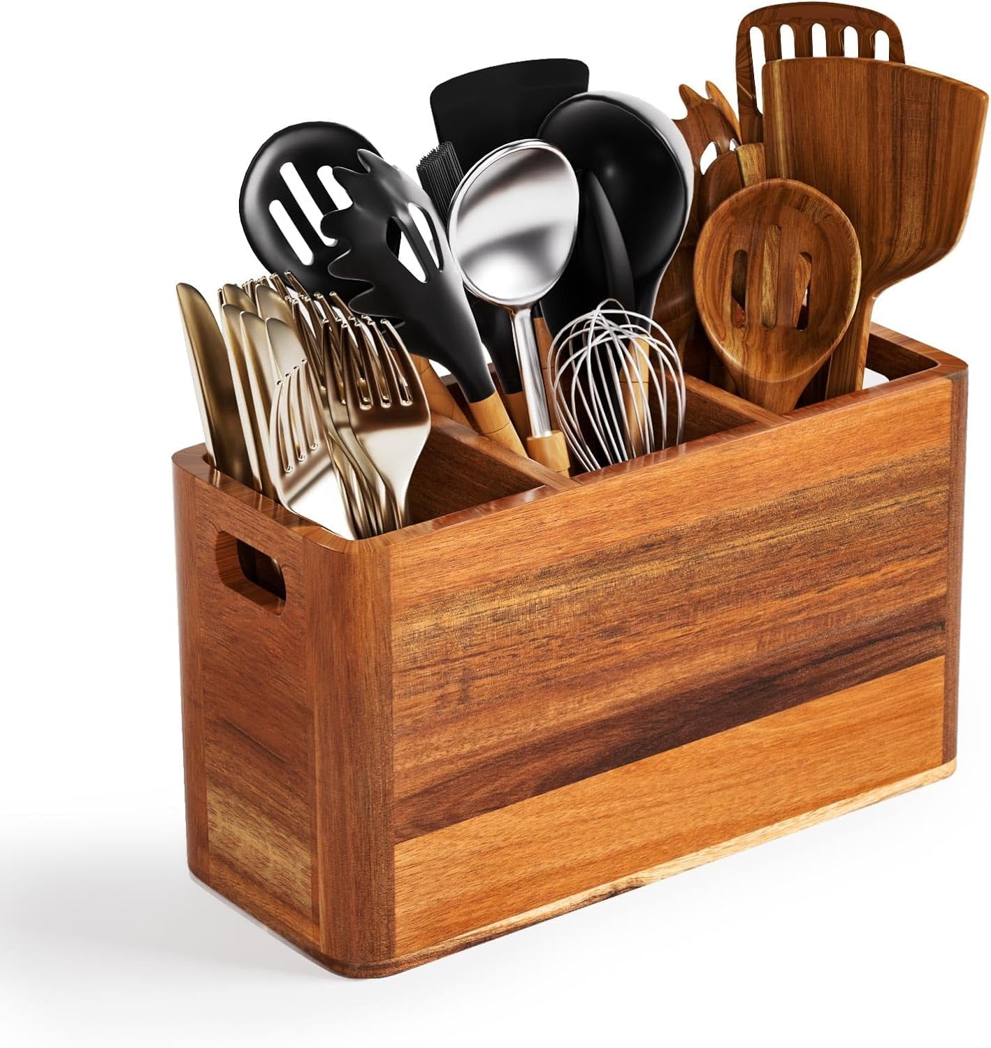 Extra Large Wooden Kitchen Utensil Holder Organizer - 3 Compartment ...