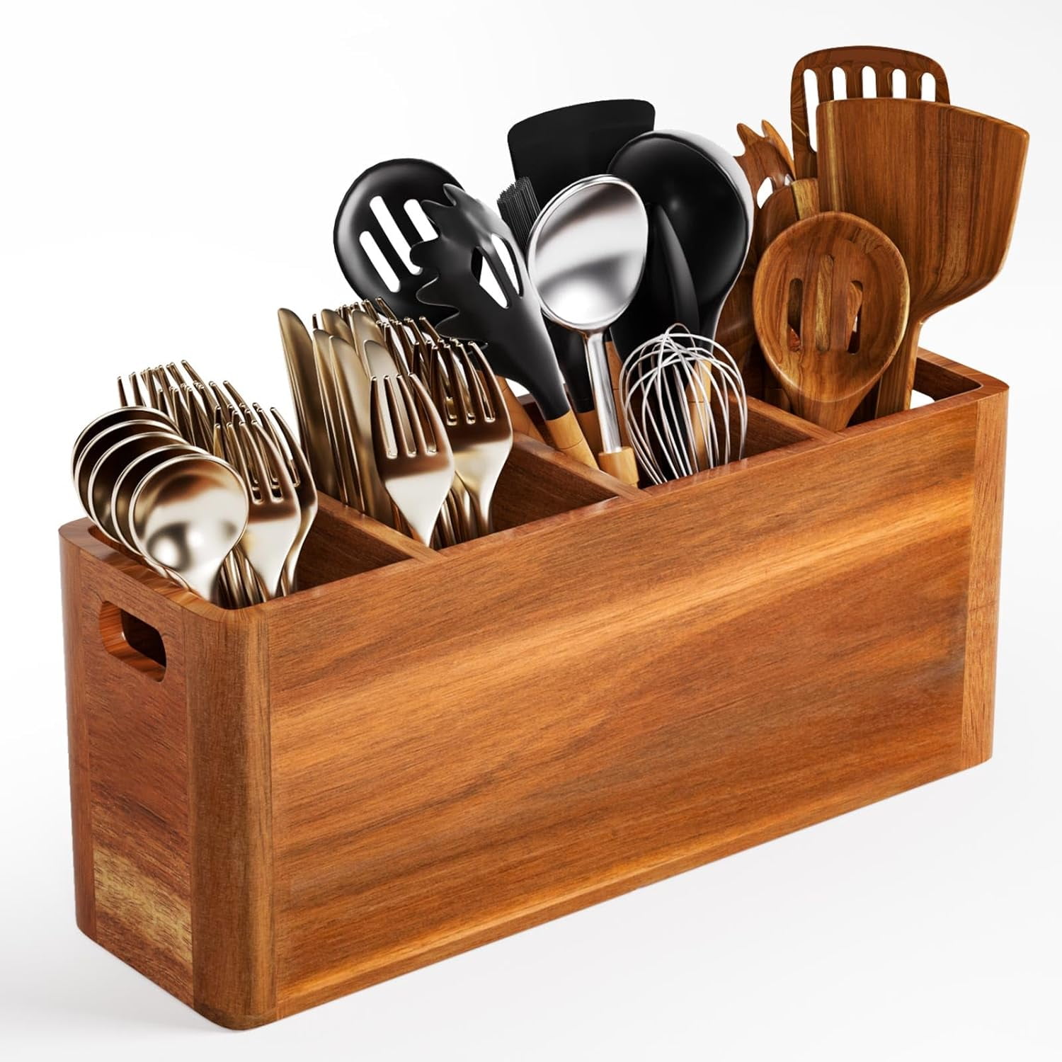 Extra Large Wooden Kitchen Utensil Holder Organizer - 4 Compartment ...