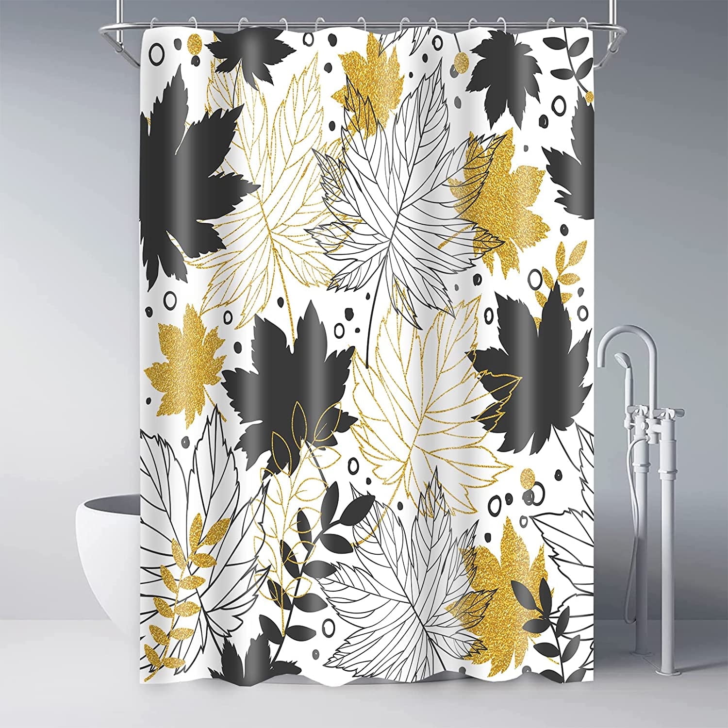 Extra Long 72"x84"Black Gold Leaf Shower Curtain Set with Hooks, Modern Abstract Leaf Bathroom ...