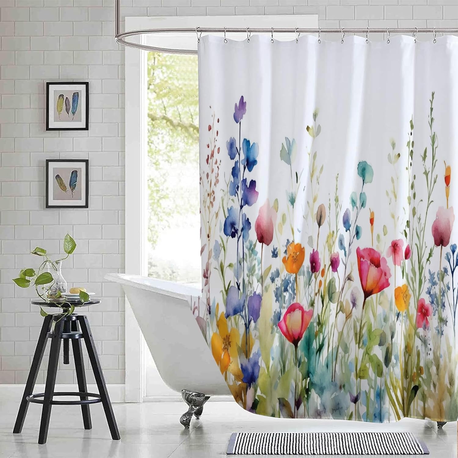 Extra Long 72"x84" Cute Purple Teal and Orange Blue Flowers Shower Curtain Set with Hooks ...