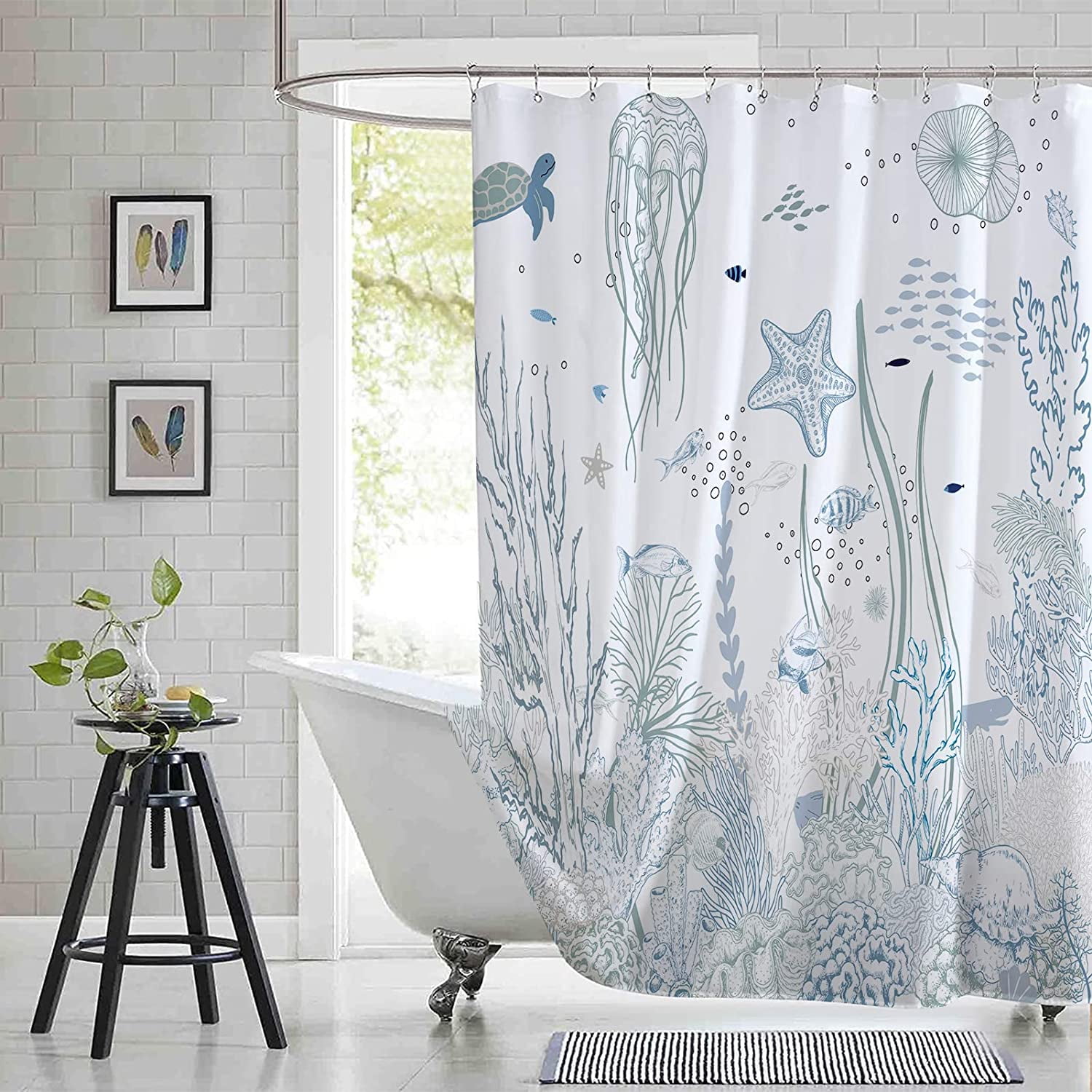 Extra Long 72"x84" Nautical Coastal Shower Curtain Set with Hooks ...