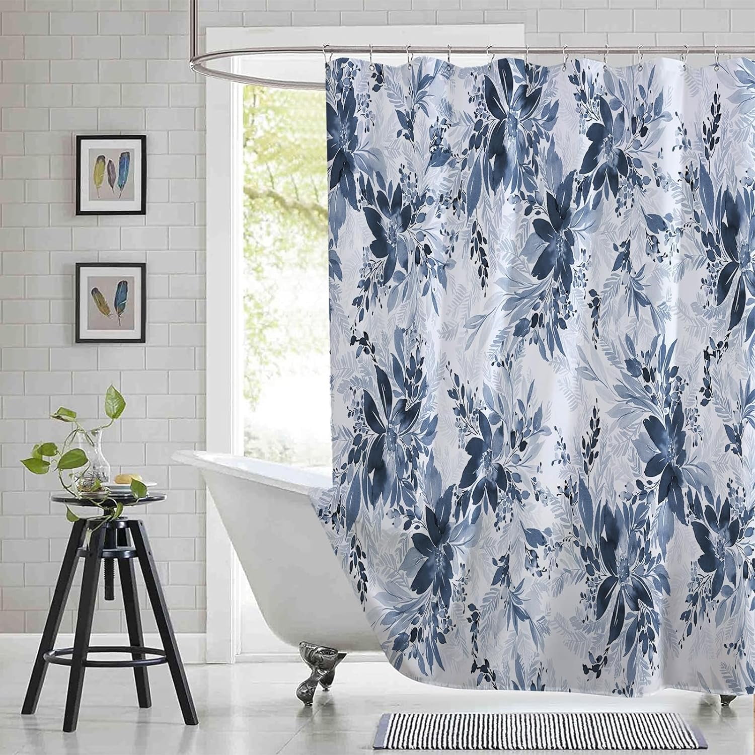 Extra Long 72"x84" Navy Blue Floral Shower Curtain Set with Hooks ...