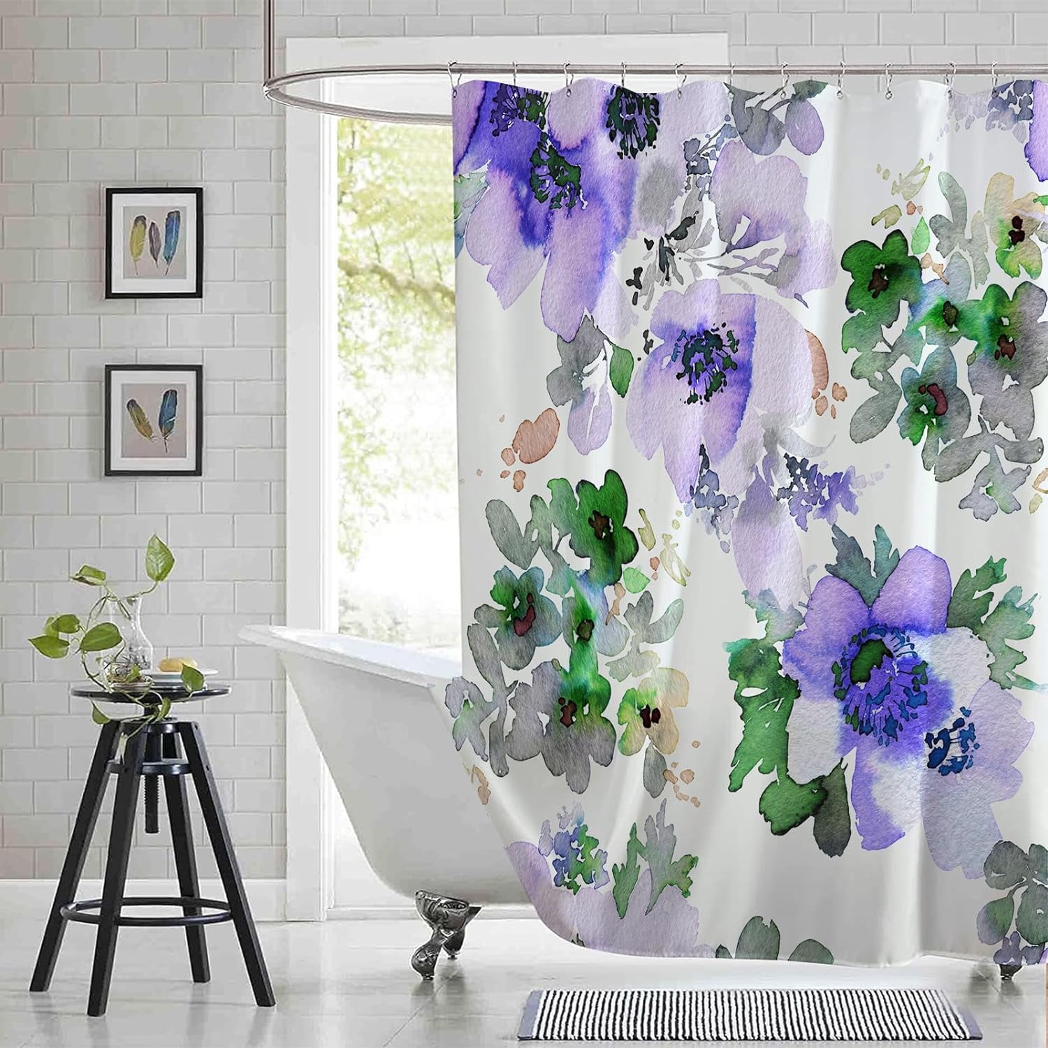 Extra Long 72"x84" Purple and Teal Floral Shower Curtain Set with Hooks ...