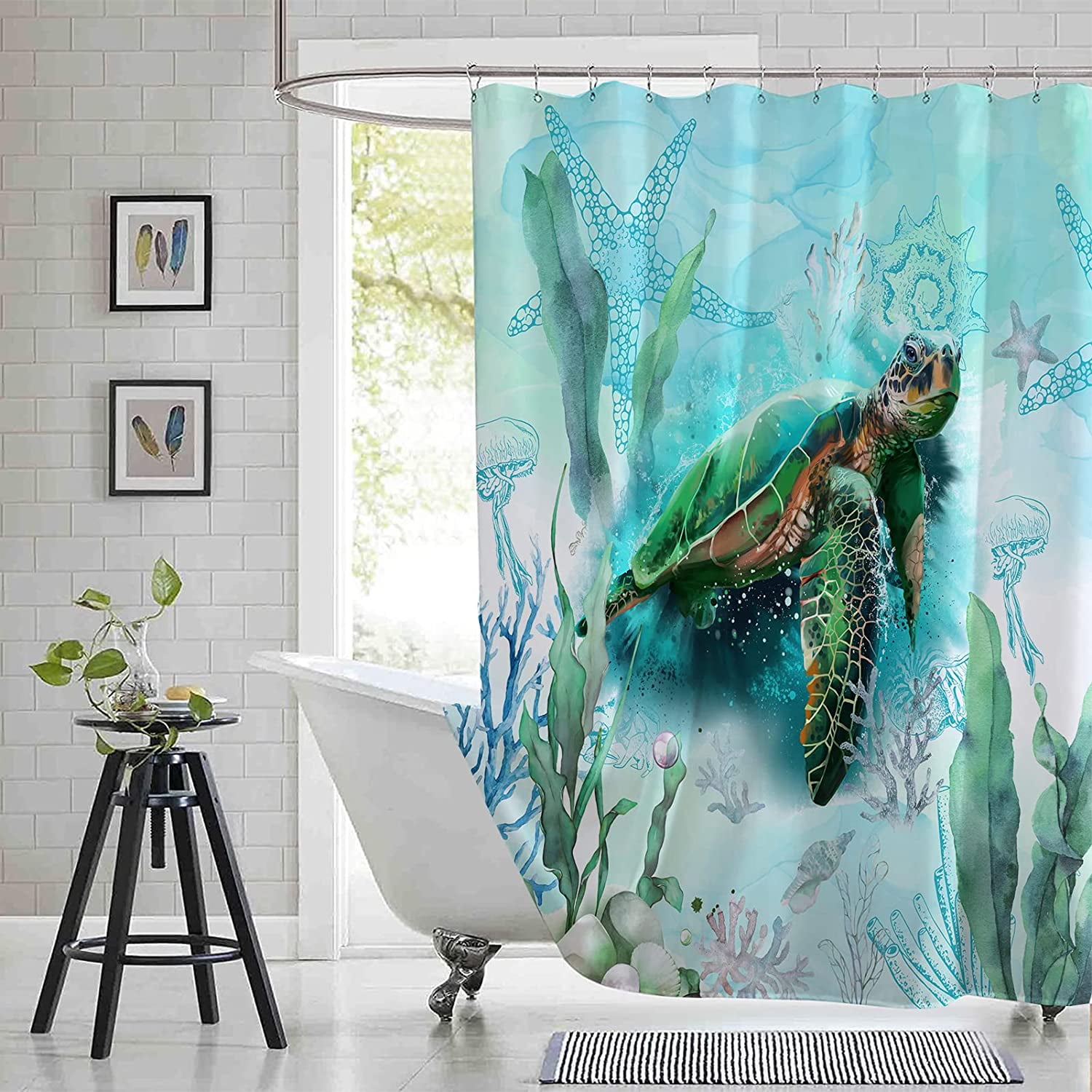 Extra Long 72"x84" Sea Turtle Shower Curtain Set with Hooks,Blue ...