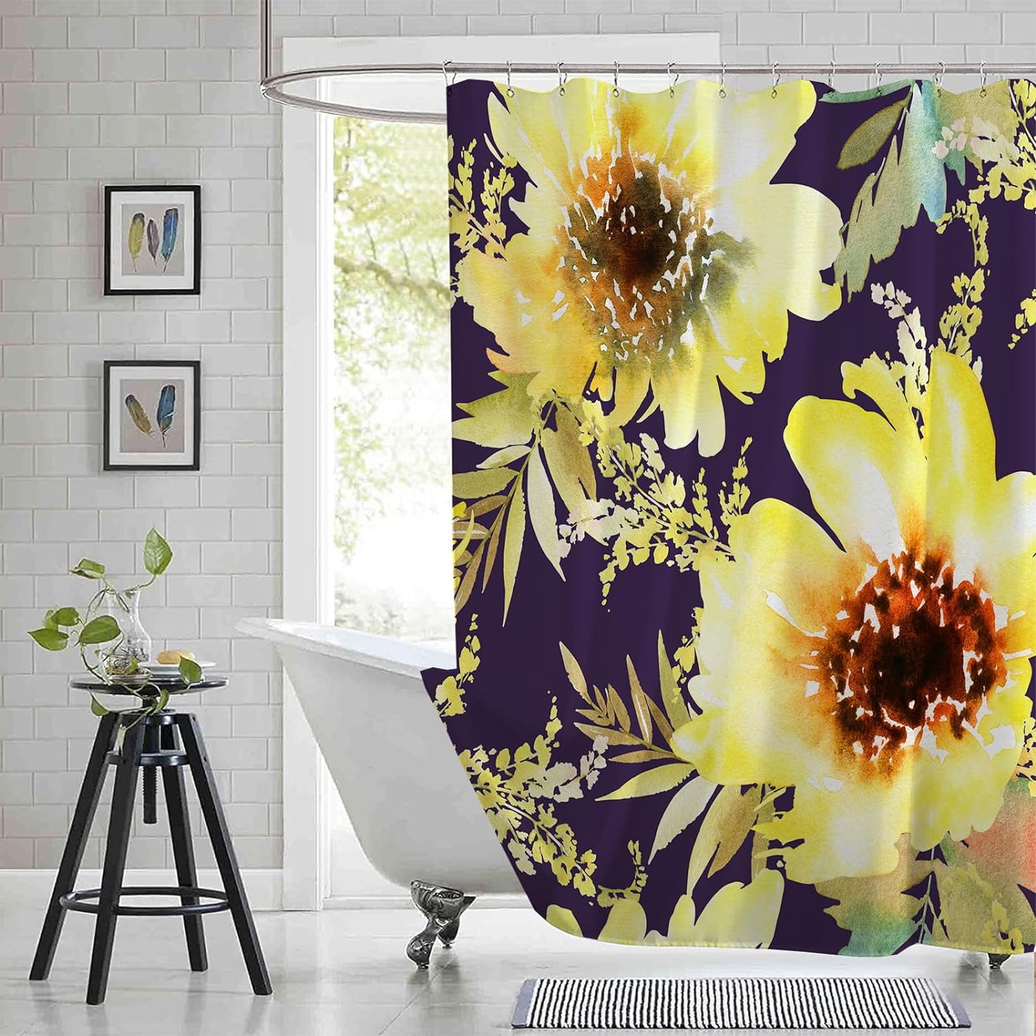 Extra Long 72"x84" Sunflowers Shower Curtain Set with Hooks,Watercolor Yellow Flowers Bathroom ...