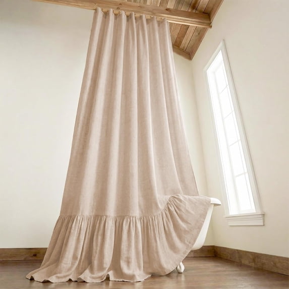 Extra Long 90 Inch Linen Beige Farmhouse Shower Curtain with Ruffle Hem ...