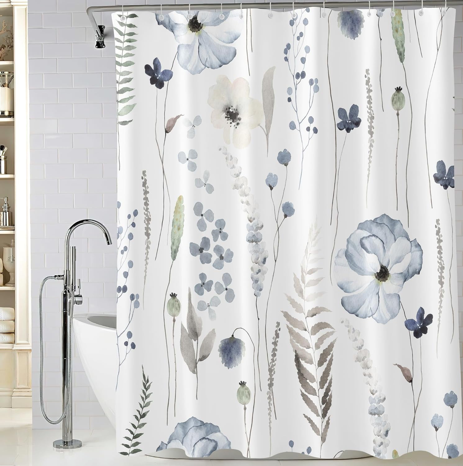 Extra Long Blue Watercolor Floral Shower Curtain 72 x 84 Inch ...