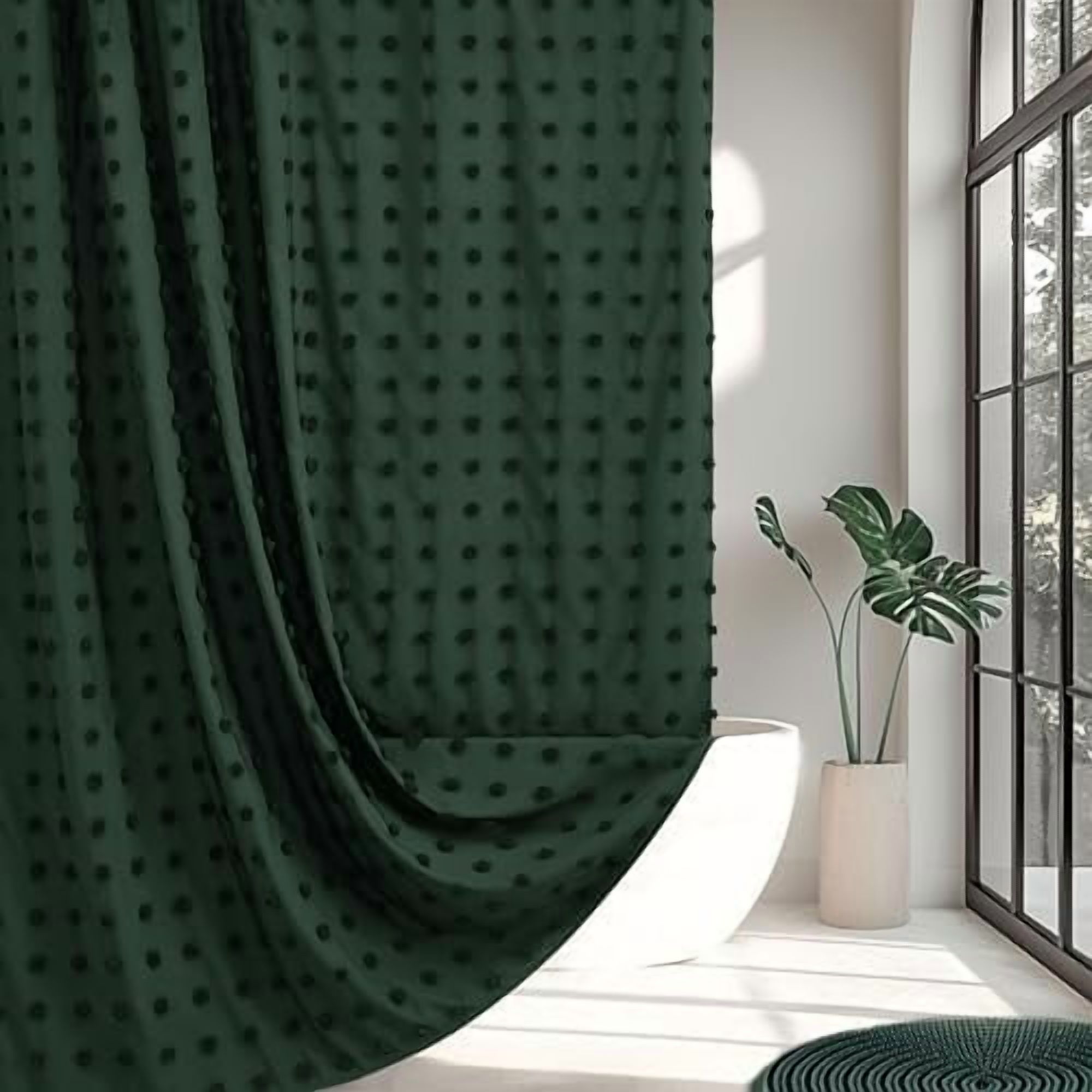 Extra Long Boho Farmhouse Woven Fabric Dark Green Shower Curtain, 72 x ...