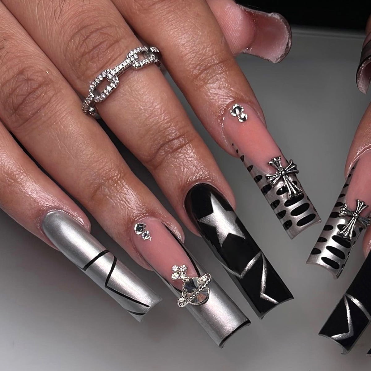 Extra Long Coffin Press on Nails Black Silver French Tip Ballerina ...