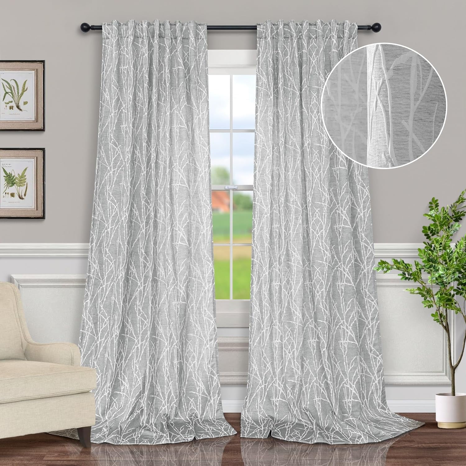 Extra Long Curtains 120 Length White Grey Drape for Living Room 2Panels Back Tab Pocket Tree ...