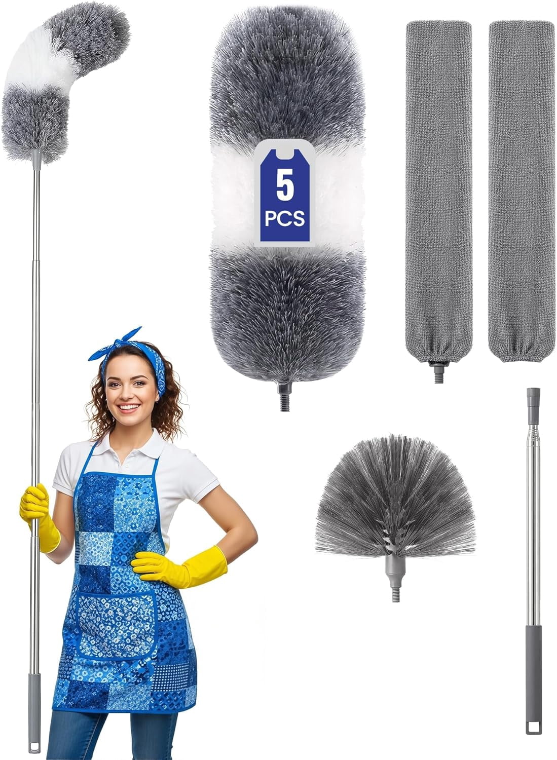 Extra-Long Dusters Kits with Extension Pole, 5 in 1 Cleaning Tools with ...