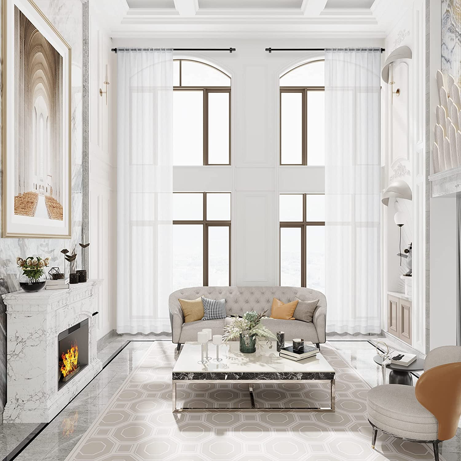 Extra Long Faux Linen Sheer Curtain, High Ceilings, Rod Pocket ...