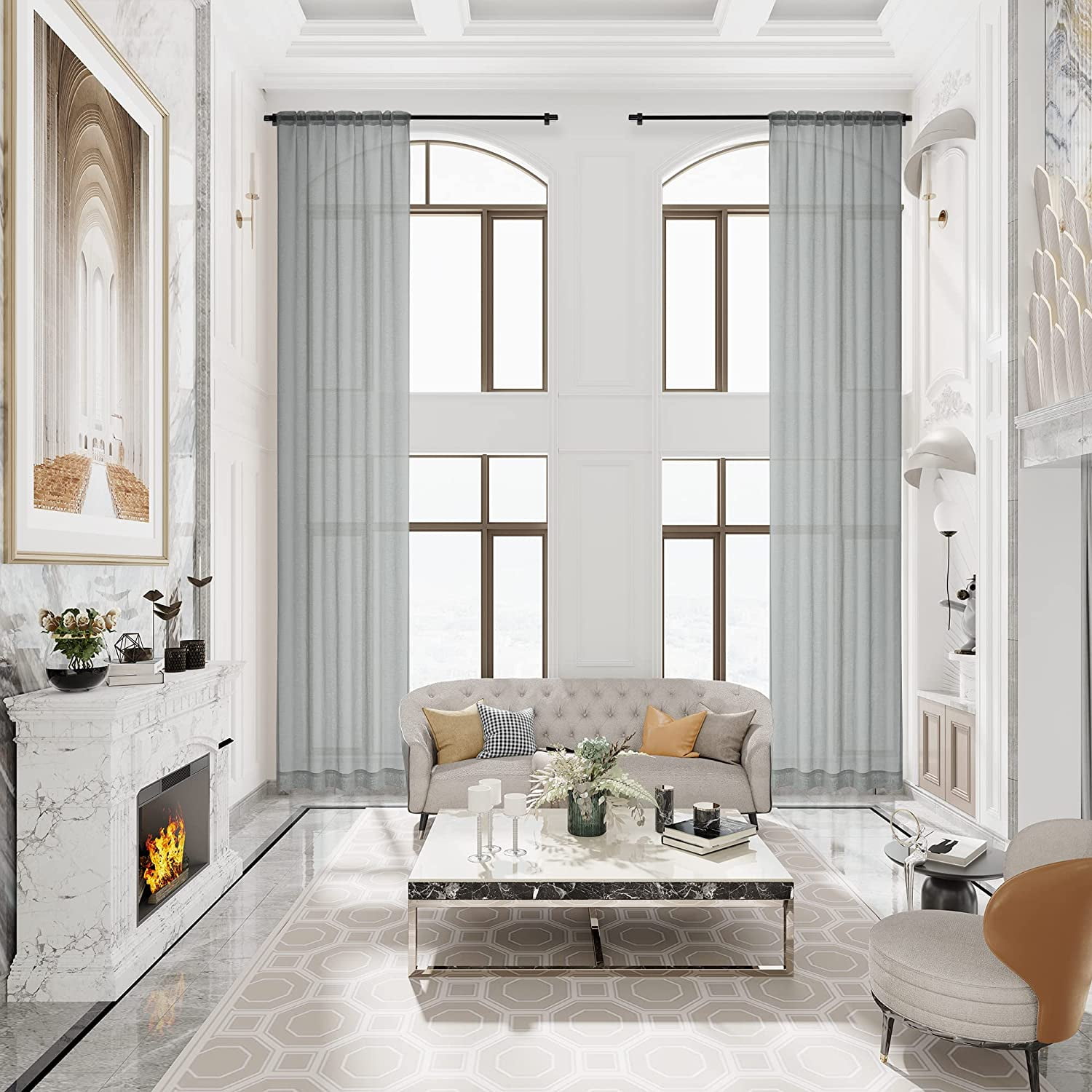 Extra Long Faux Luxury Linen Sheer Voile Curtain, High Ceiling, Rod ...