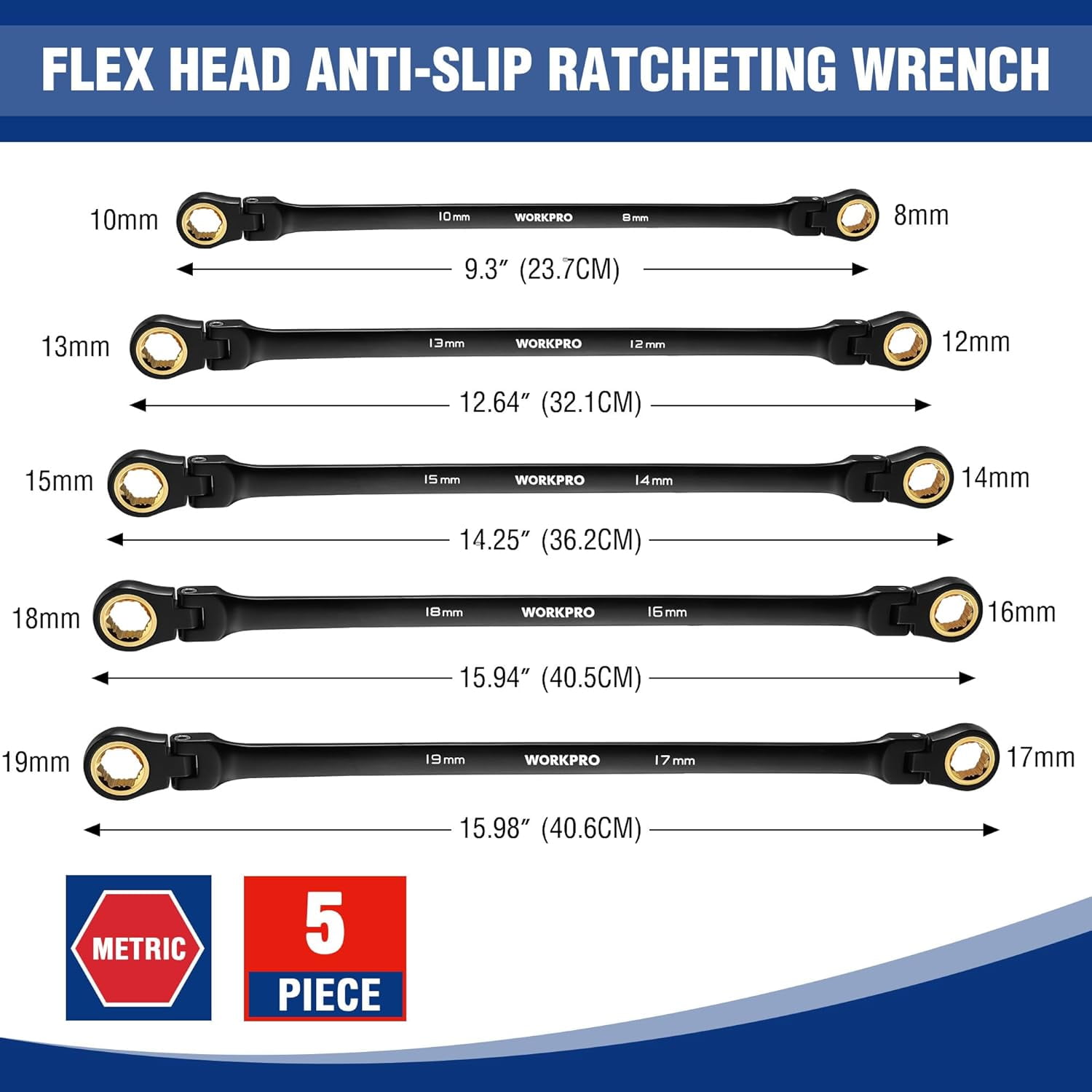 Extra Long Flex-Head Ratcheting Wrench Set, 5-piece Anti-Slip Double ...