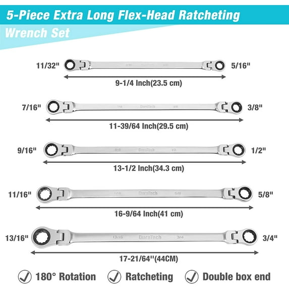 Extra Long Flex-Head Ratcheting Wrench Set, Double Box End Wrench Set ...