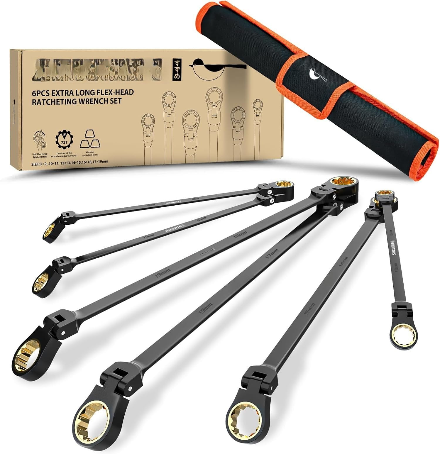 Extra Long Flex Ratcheting Wrench Set 6 count (8-19mm) Double Box End ...