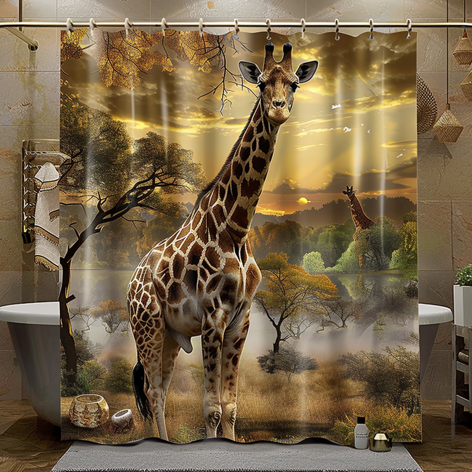 Extra Long Giraffe In Savannah Sunrise Shower Curtain Hyperrealistic