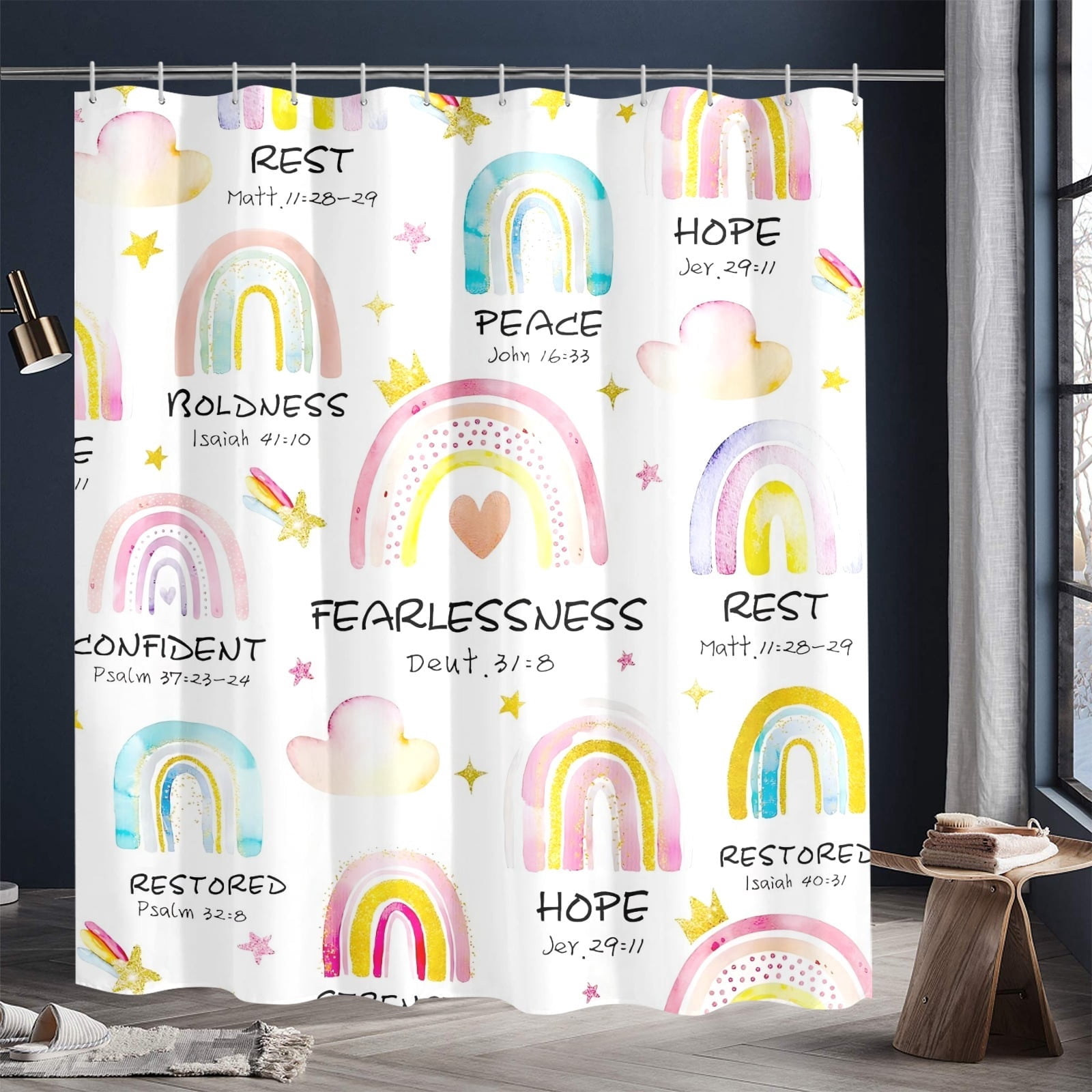 Extra Long Girl Rainbow Shower Curtain Bible Verse Scripture Boho ...