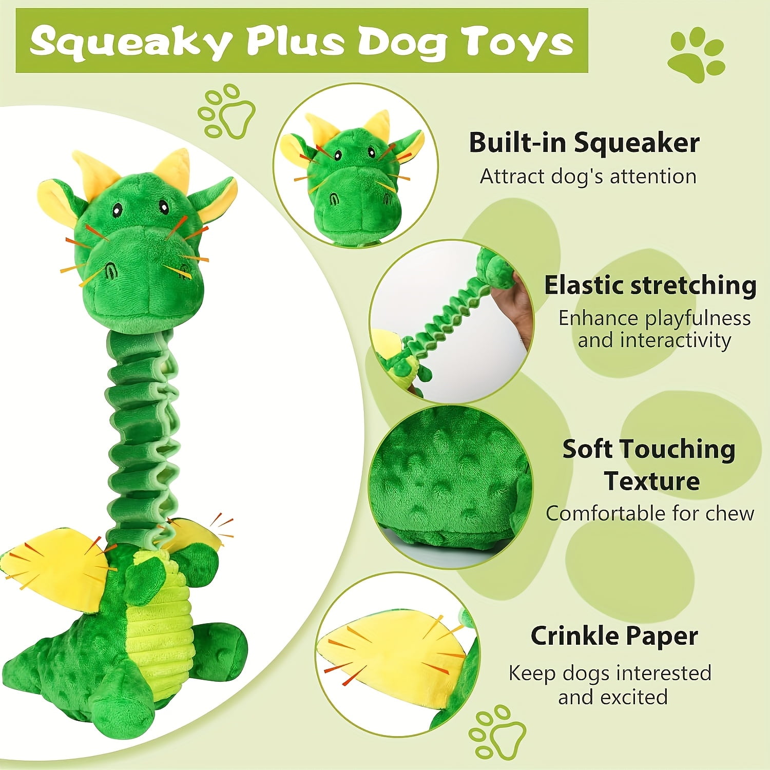Extra Long Green Dinosaur Dog Toy - Stretchy Plush Pterodactyl Tug & Chew Toy for All Dog Sizes ...