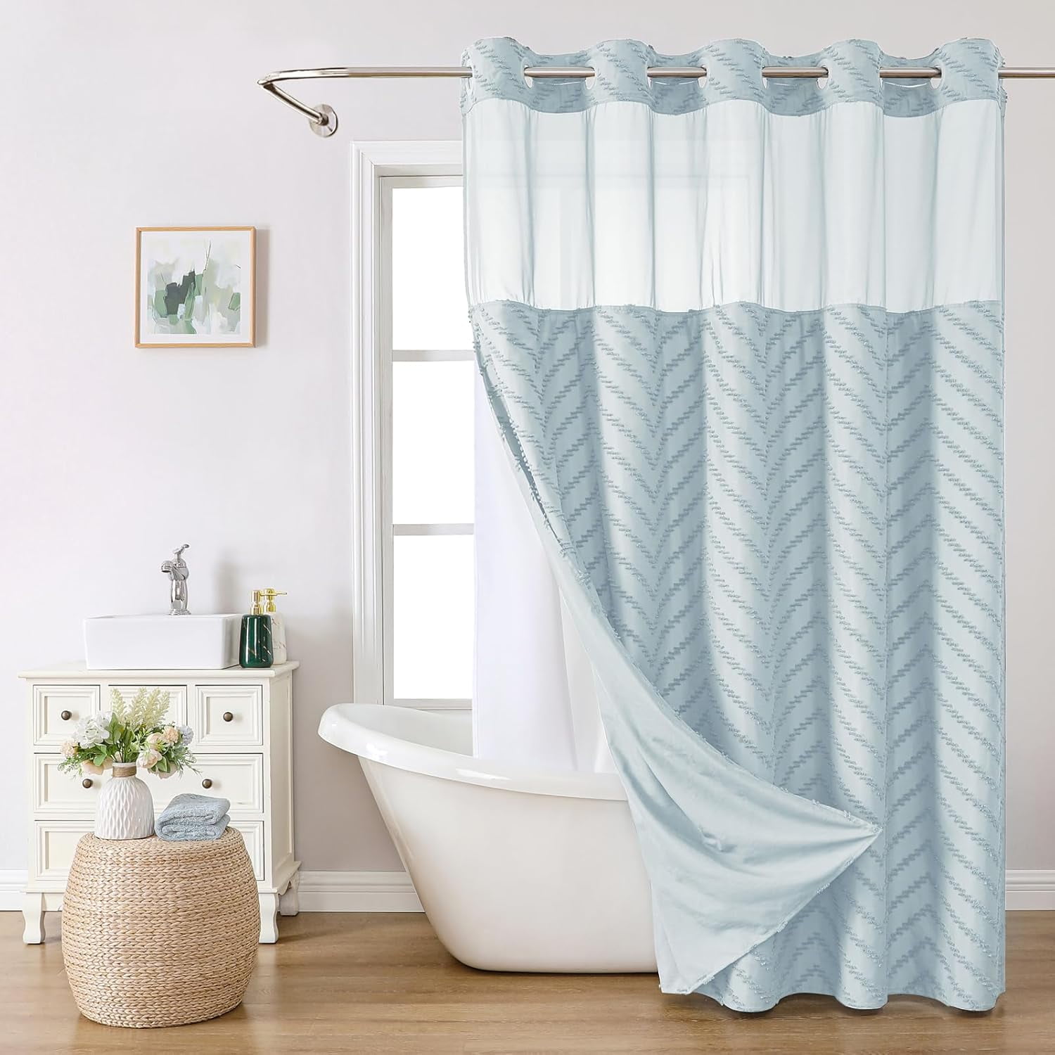 Extra Long No Hook Boho Farmhouse Shower Curtain with Snap-in Fabric ...