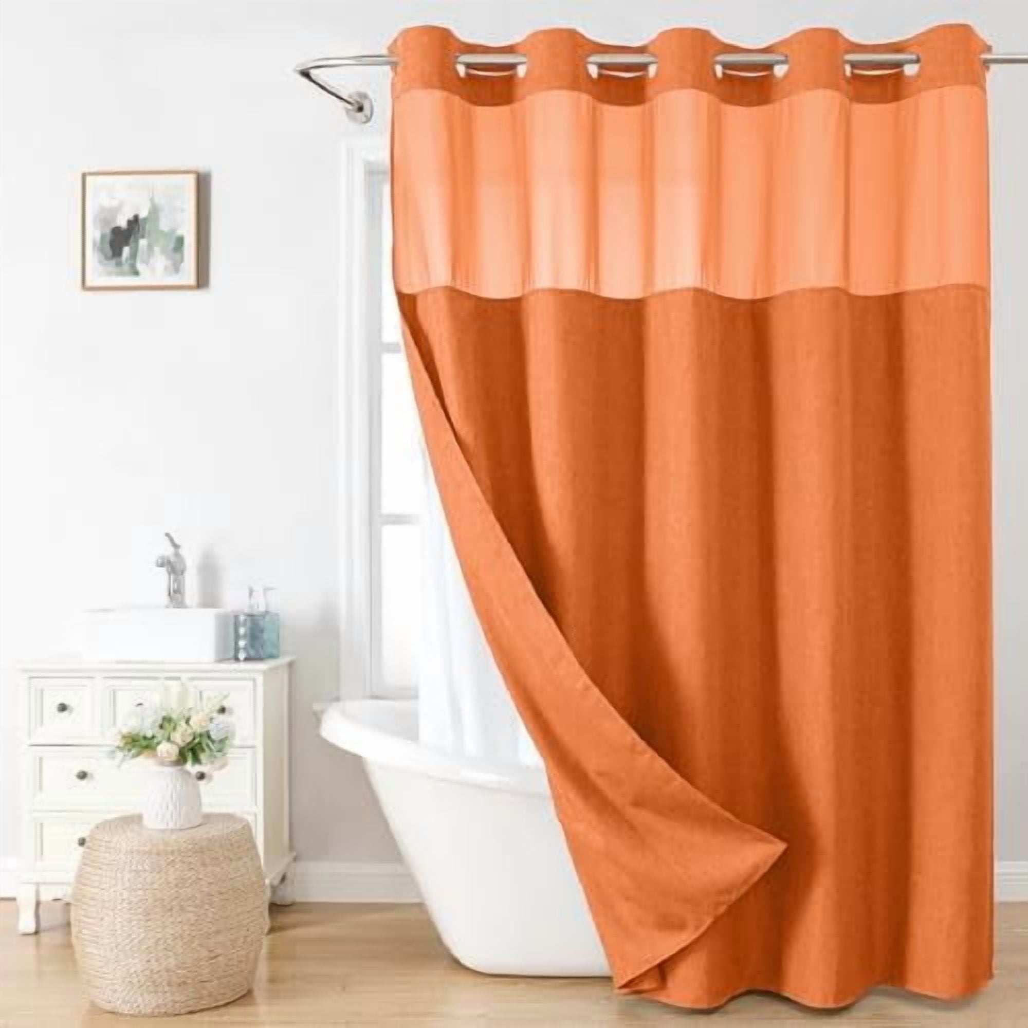 Extra Long No Hooks Needed Linen Textured Shower Curtain with Snap-in ...