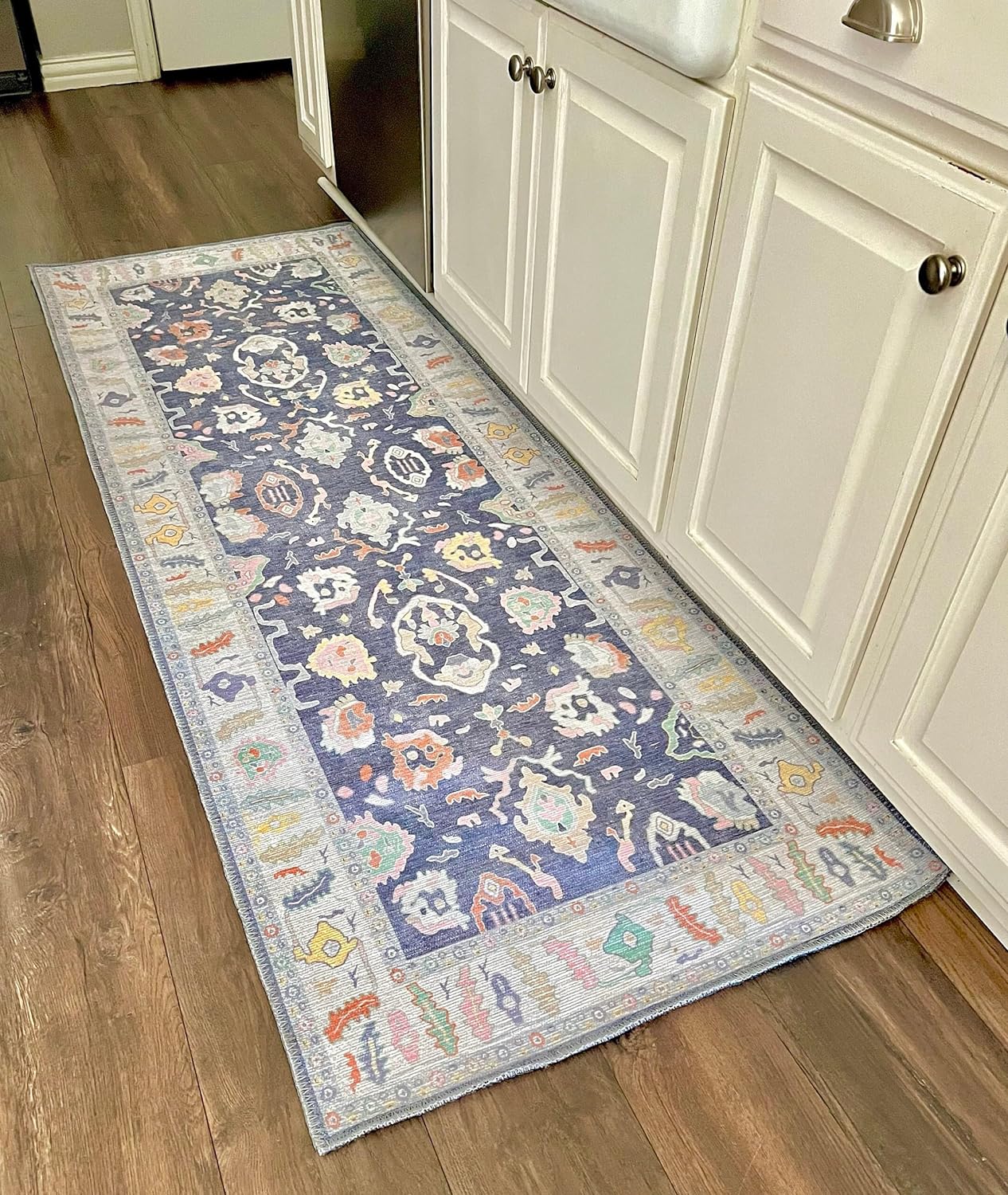 Extra Long Modern Oushak Runner Rug, Vintage Turkish Navy Blue Oriental ...