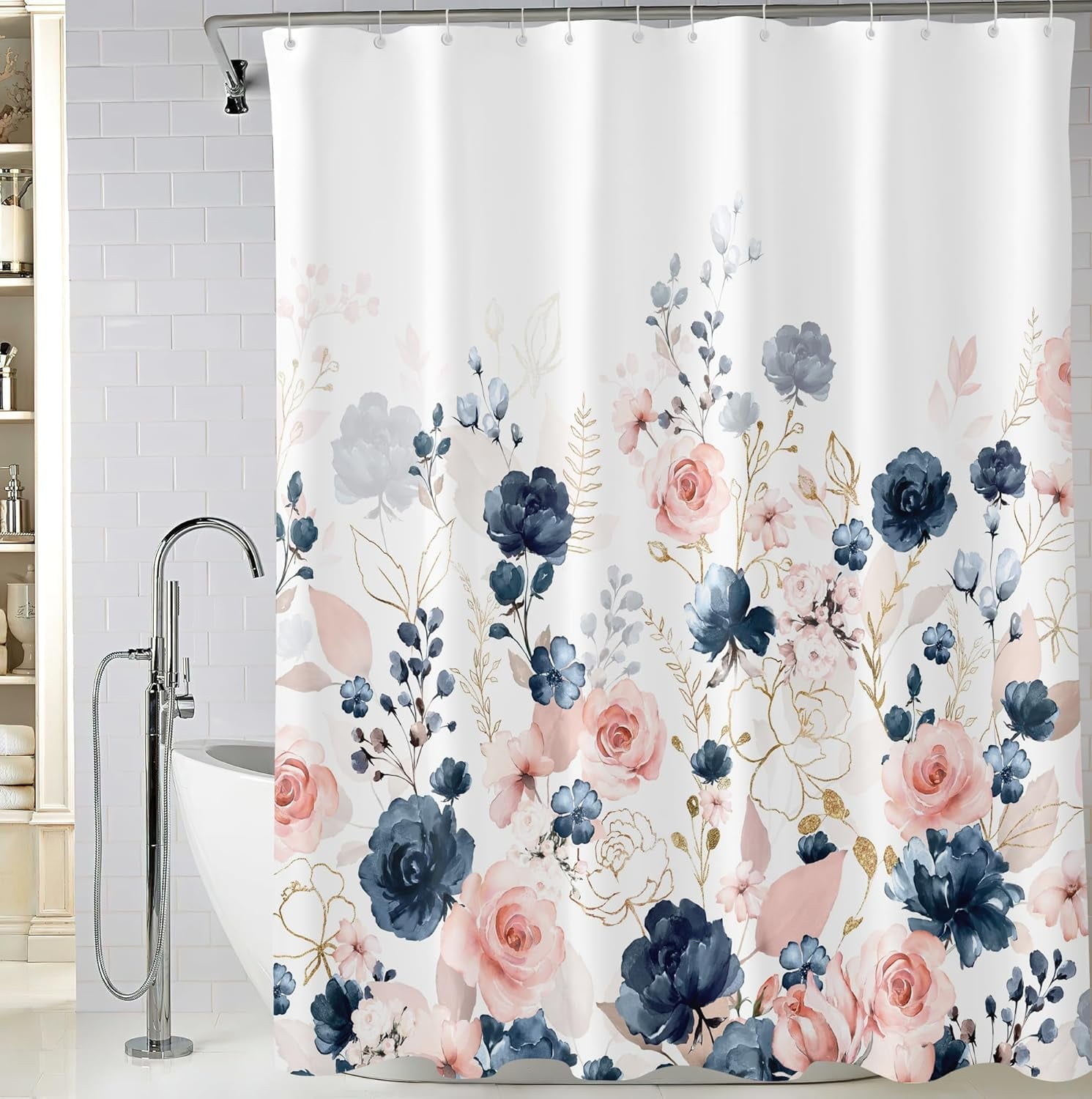 Extra Long Navy Blue and Pink Floral Shower Curtain 72 x 84 Inch ...