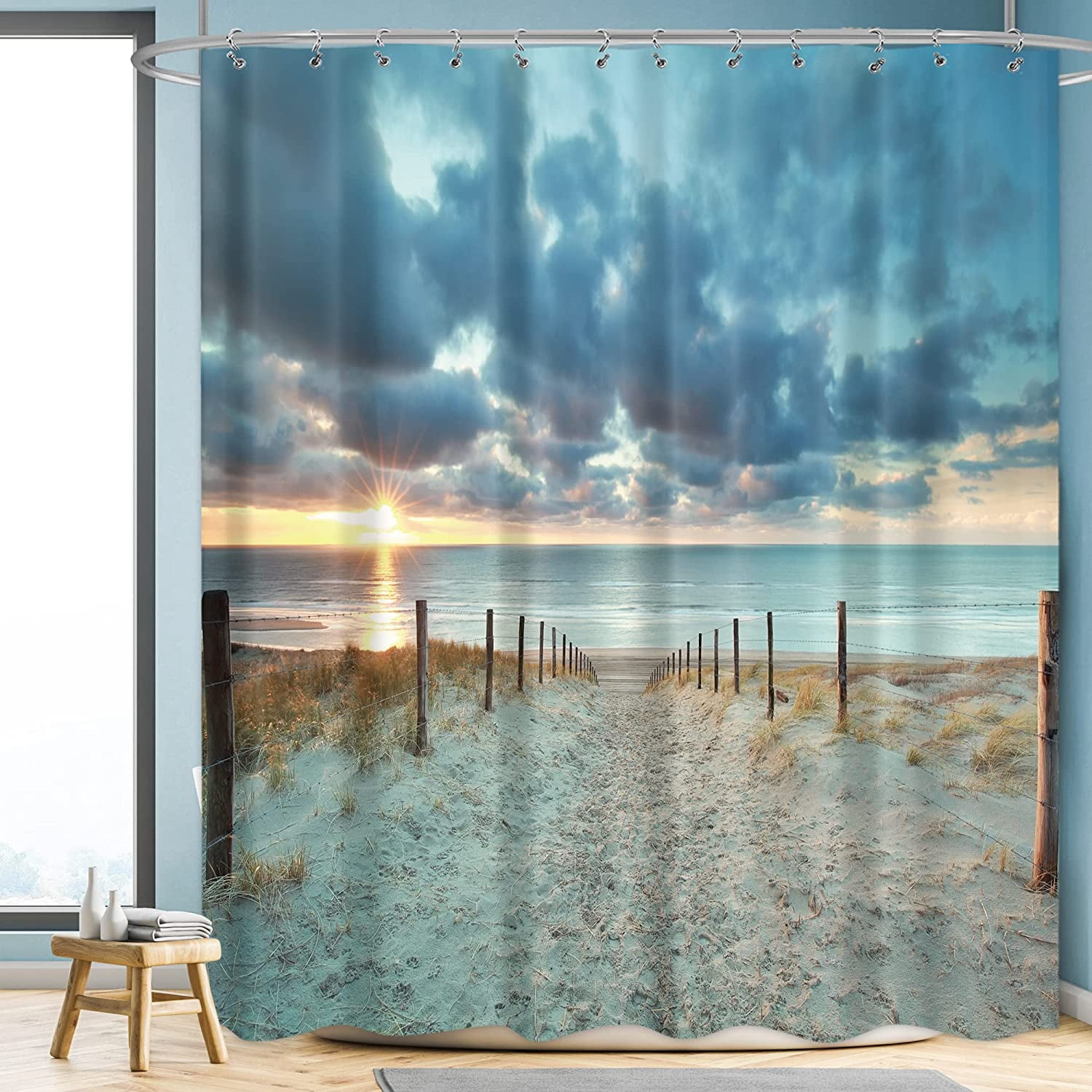 Extra Long Ocean Beach Shower Curtain 72W x 84H Sunset Scenic Blue Sky ...