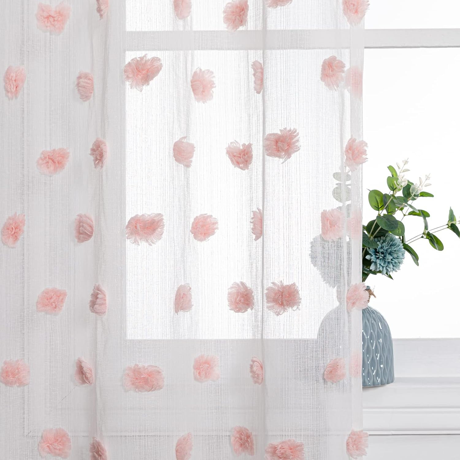 Extra Long Pink Pom Pom Curtains - 120 Inch Length, 2 Panels, Light ...