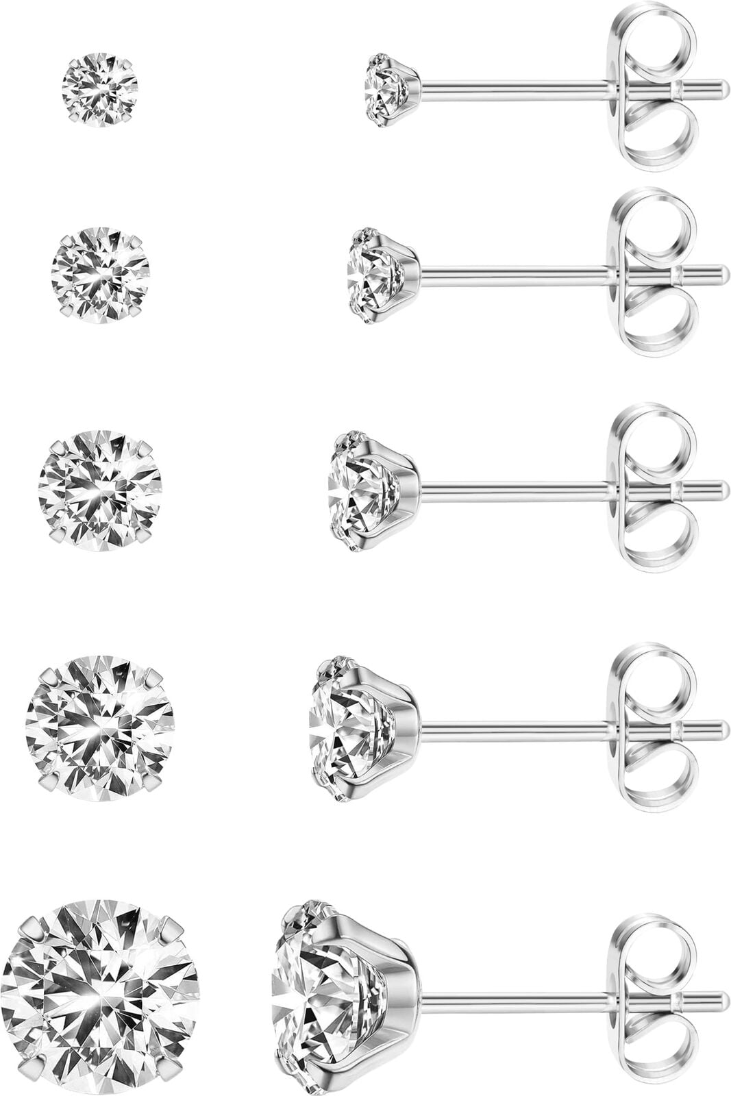 Extra Long Post 316L Stainless Steel Stud Earrings Cubic Zircon Round ...