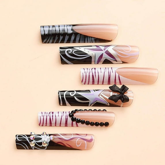 Extra Long Press on Nails Black French Tip Fake Nails Square False ...