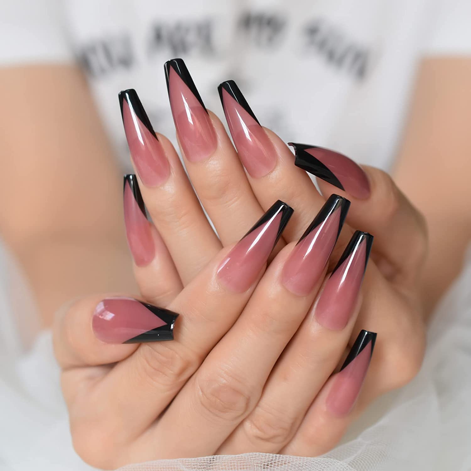 Extra Long Purple Red Glossy Fake Nails V Shape Coffin Ballet Full ...
