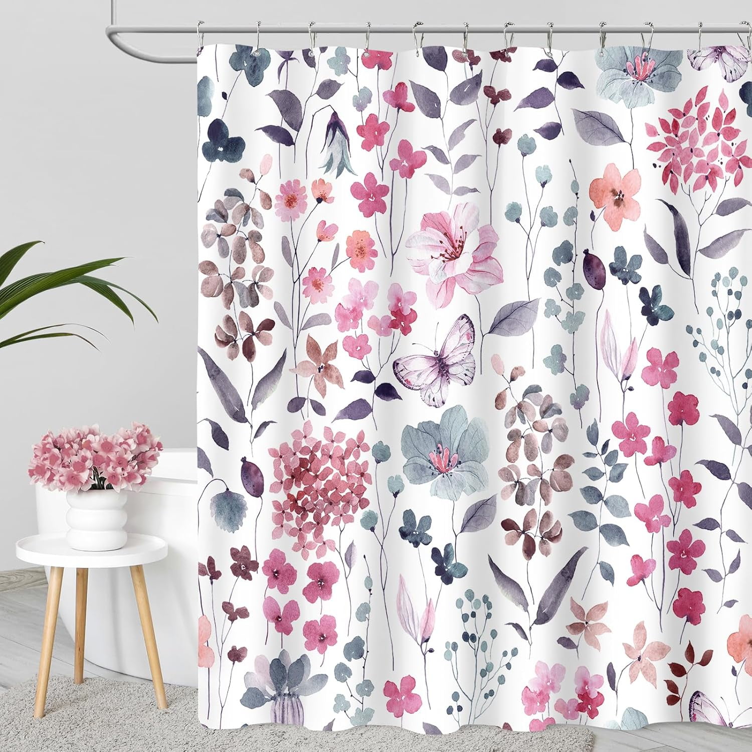 Extra Long Shower Curtain 72 x 84 Inch, Tall Pink Blue Floral Shower Curtain for Bathroom ...