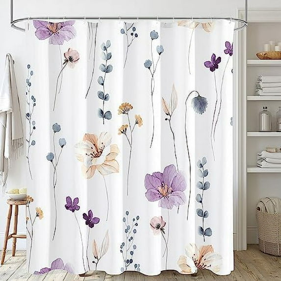 Extra Long Shower Curtain 72 x 84, Watercolor Floral Fabric Shower ...