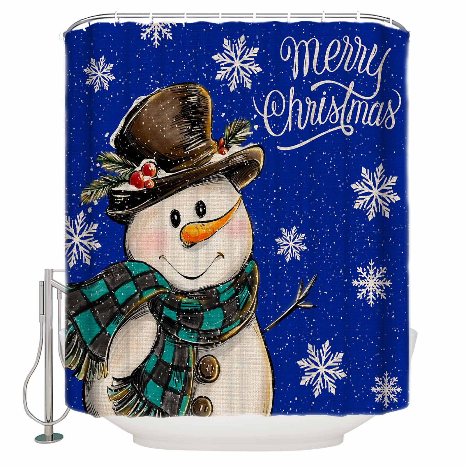 Extra Long Shower Curtain 72x84 Inch, Blue Snowman Christmas Shower Curtain Waterproof Bathroom ...